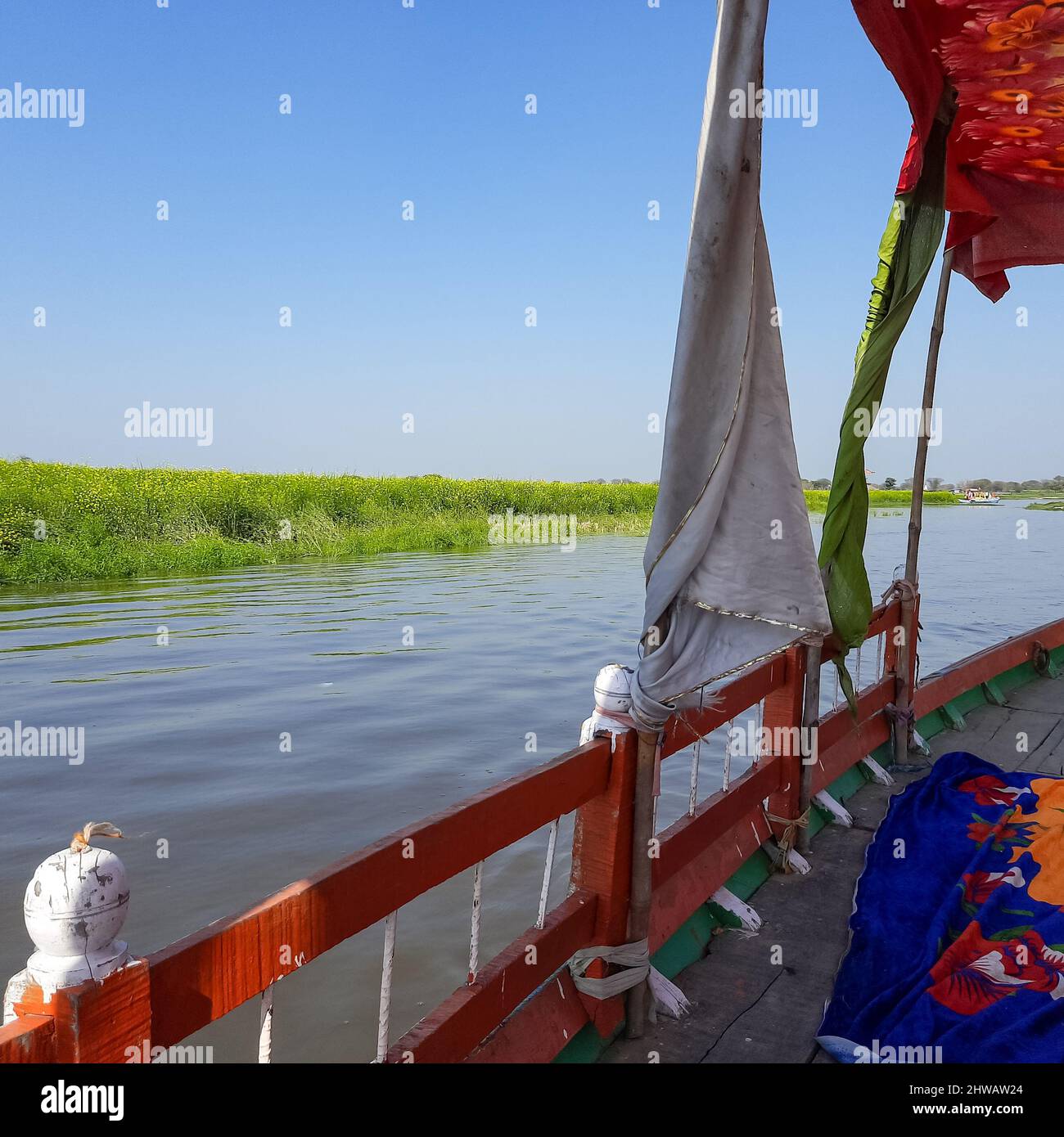 Yamuna River view from the boat in the day at Vrindavan, Krishna temple ...