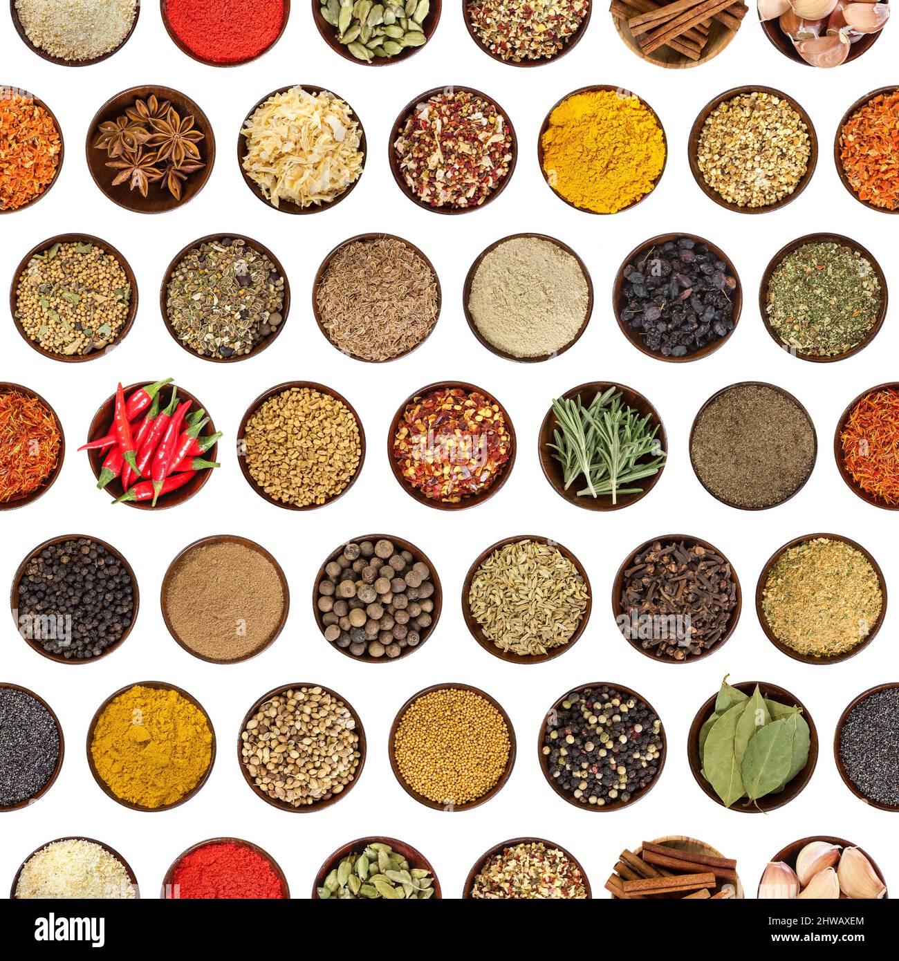 Seamless pattern with different spices in round wooden bowl isolated on ...