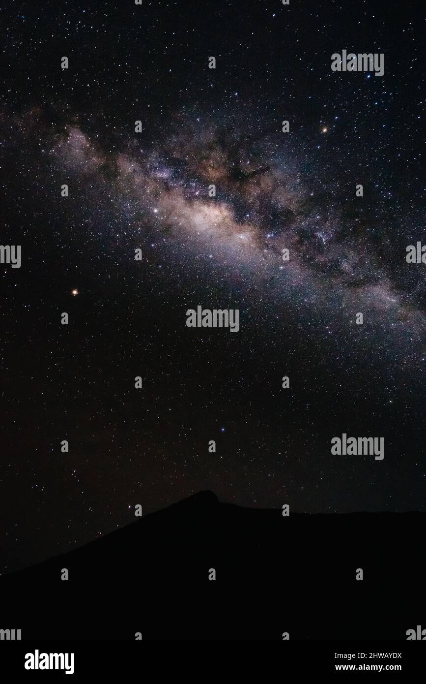 Amazing night scenery with beautiful milky way on the sky with camping ...