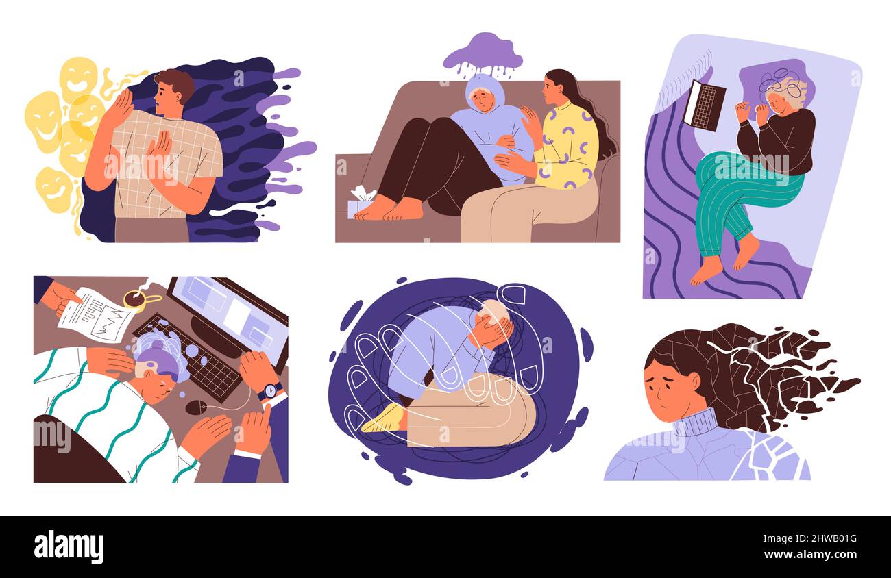 Set of people in difficult situations, experiencing negative emotions ...