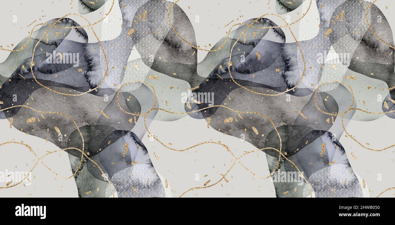 Seamless watercolor abstract organic blob shape overlay w gold lines ...