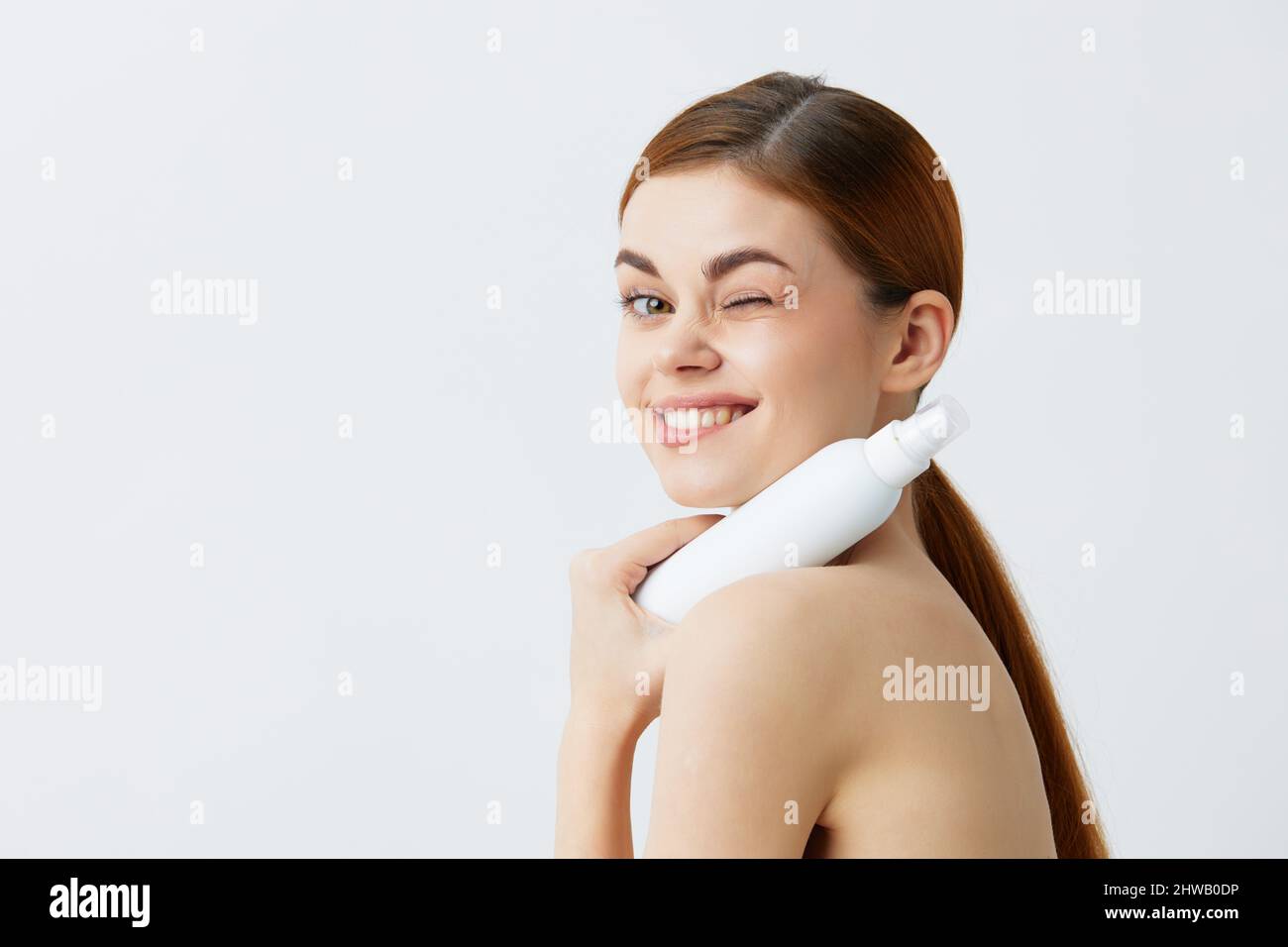 portrait woman body lotion rejuvenation cosmetics isolated background ...