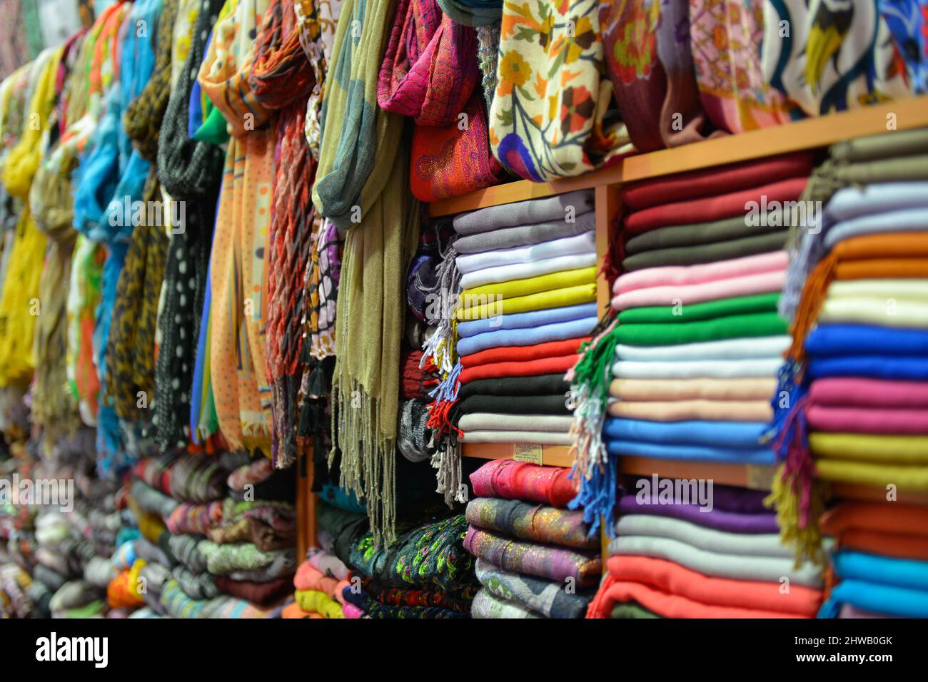 Number of scarfs and clothes in a market in Grand Bazaar in Istanbul ...