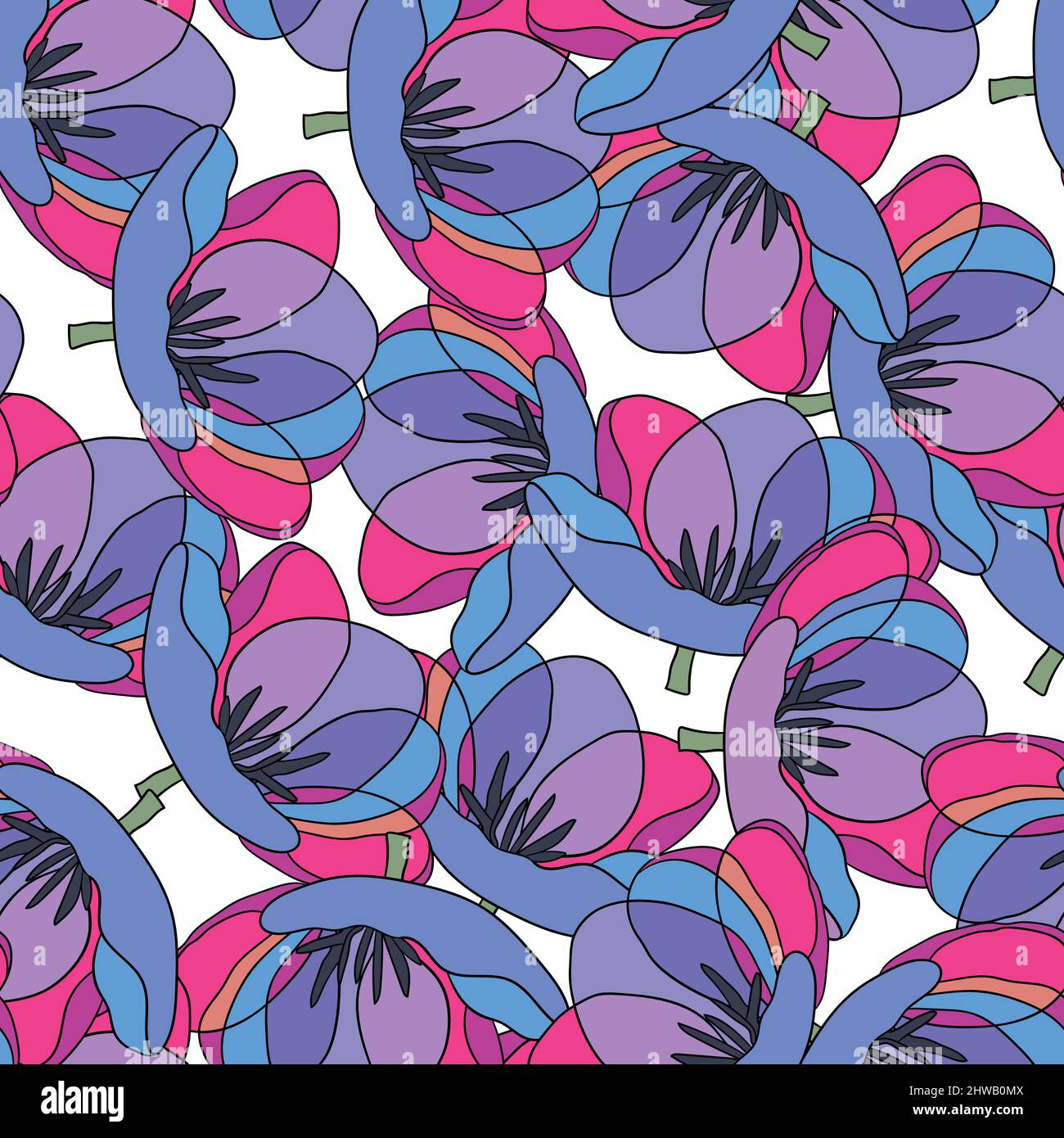 Spring colorful vector illustration with rainbow tulips. Cartoon style ...