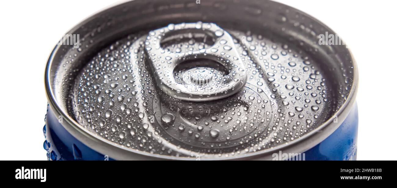 Top view of a water droplet on a blue sealed aluminum can. Close-up ...