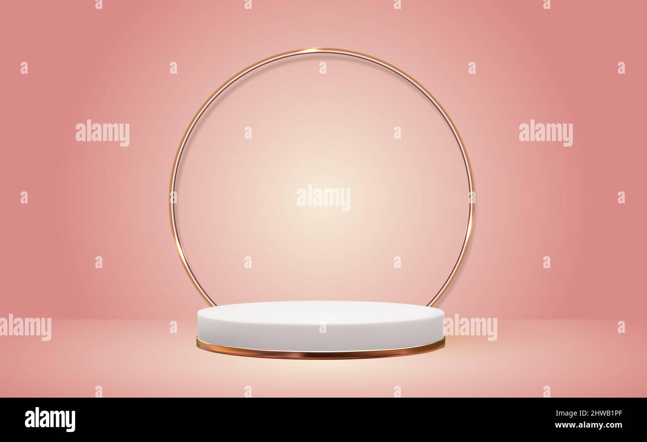 White 3d pedestal background with Golden Glass Ring Frame for cosmetic ...