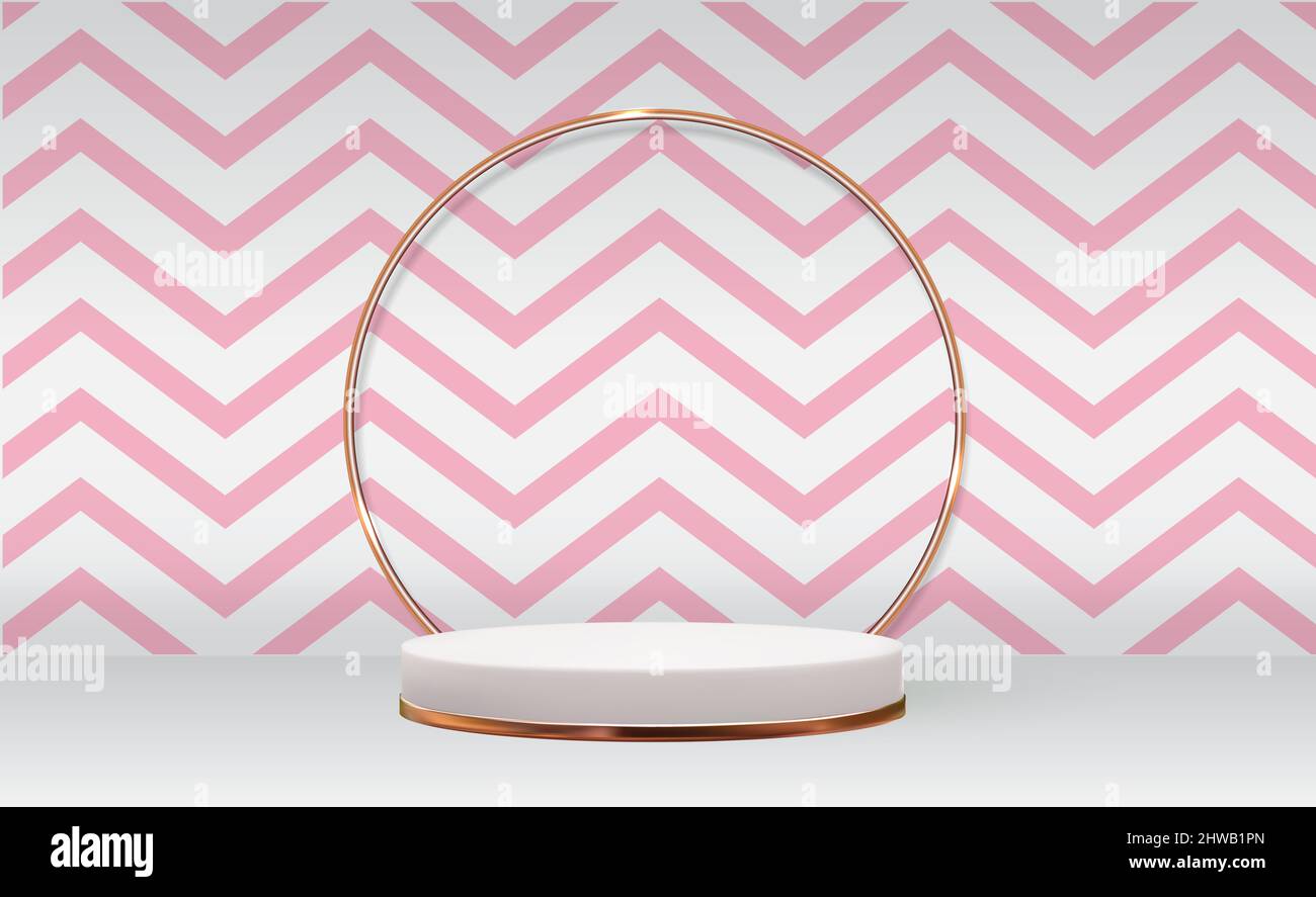 White 3d pedestal background with Golden Glass Ring Frame abd pink wave ...