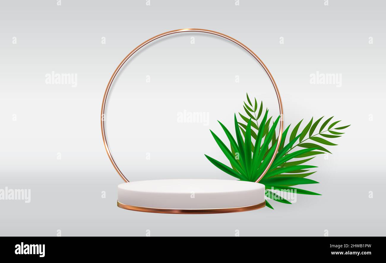 White 3d pedestal background with Golden Glass Ring Frame, realistic ...