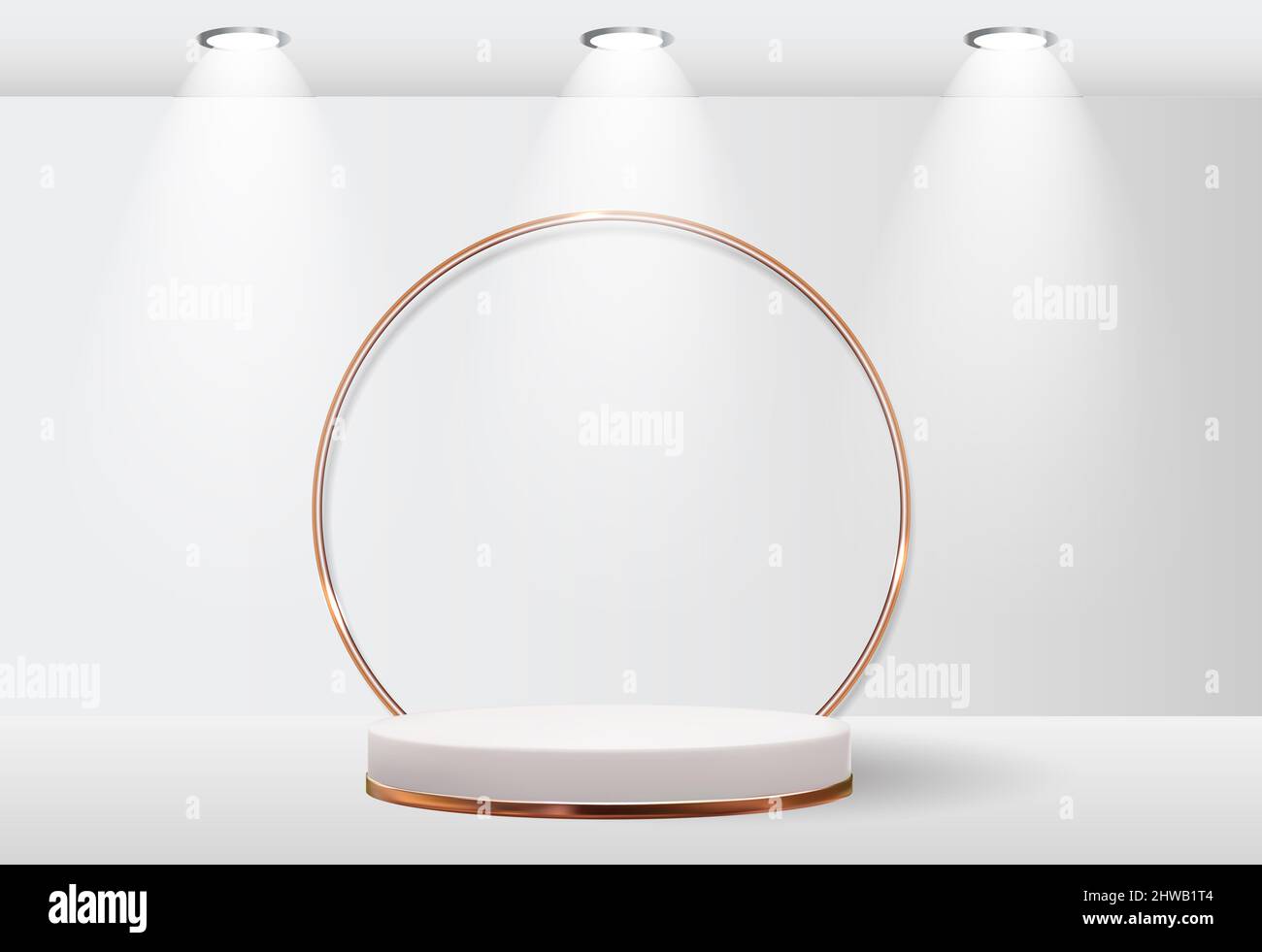 White 3d pedestal background with Golden Glass Ring Frame for cosmetic ...
