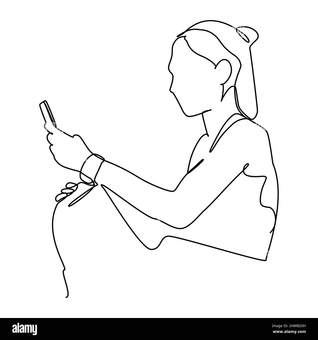continuous single line drawing. Young woman looking smart phone. Vector ...