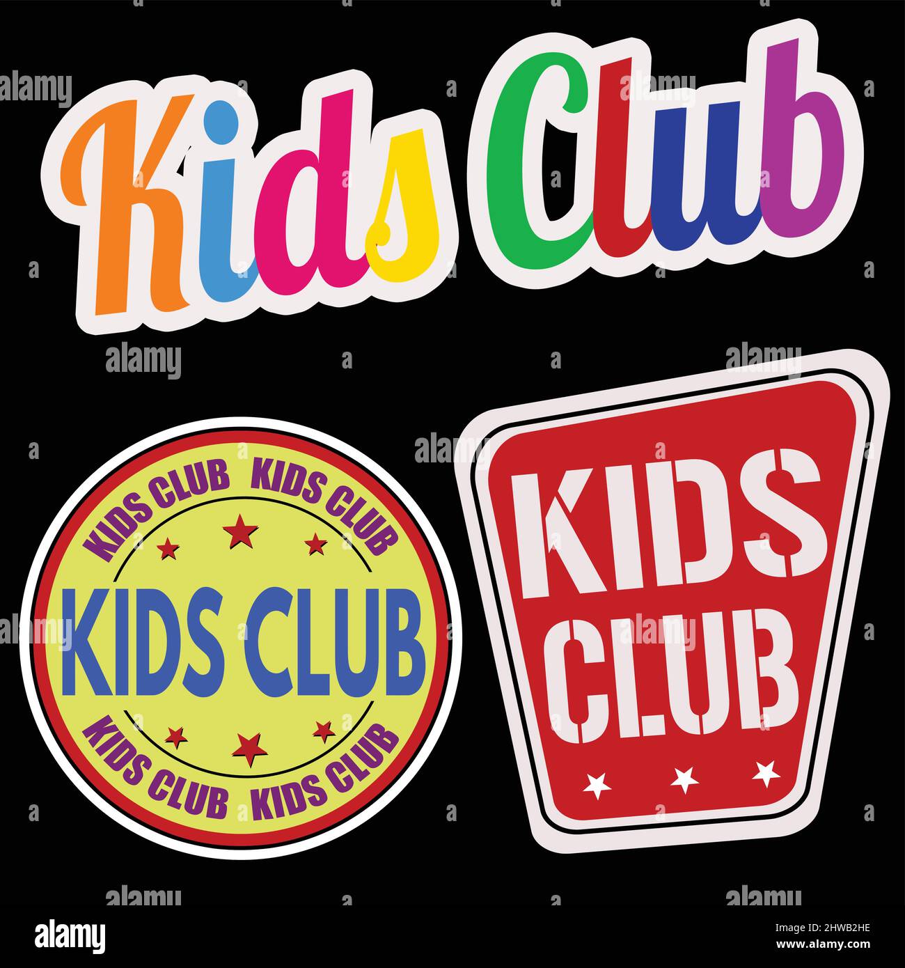 Kids club sticker set on black background, vector illustration Stock ...
