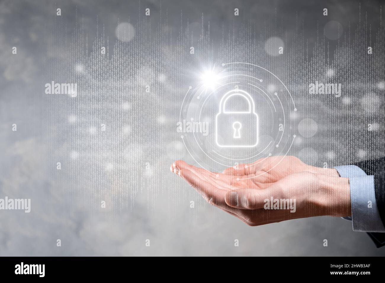 Cyber security network. Padlock icon and internet technology networking. Businessman protecting ...