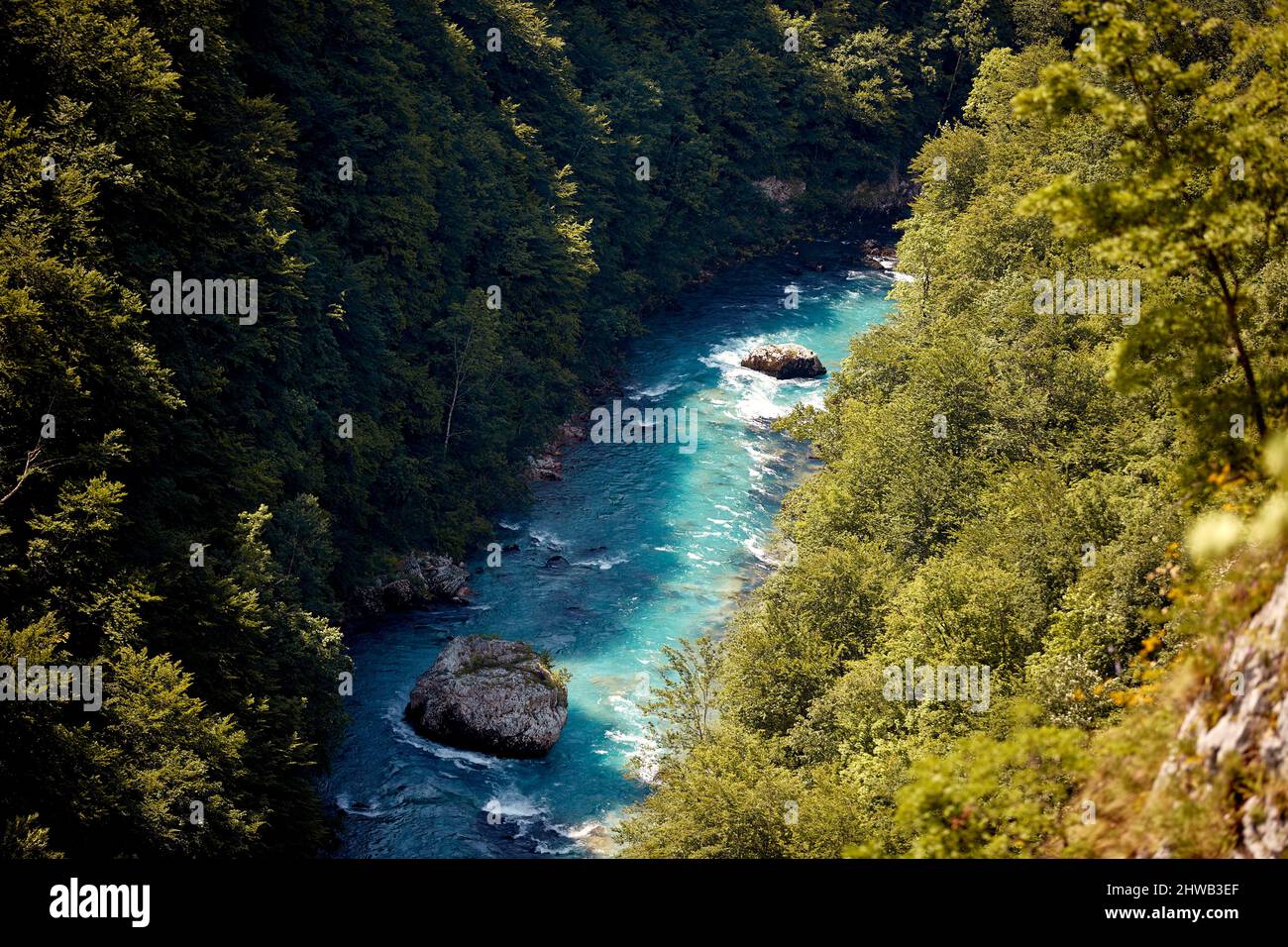 Beautiful nature scenery, blue river flowing through forest. Aerial ...