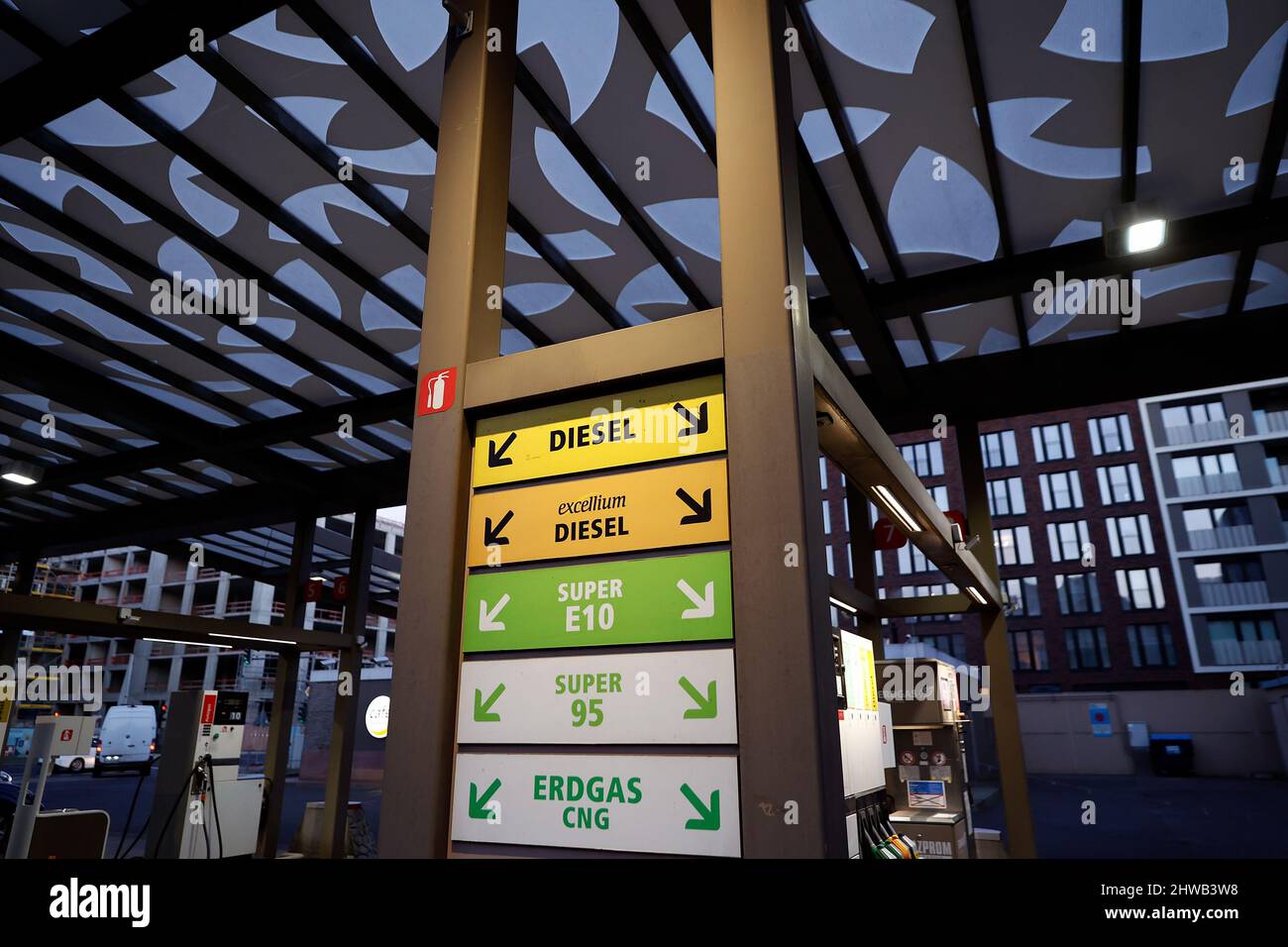 Berlin, Germany. 05th Mar, 2022. Signs at a gas station operated by ...