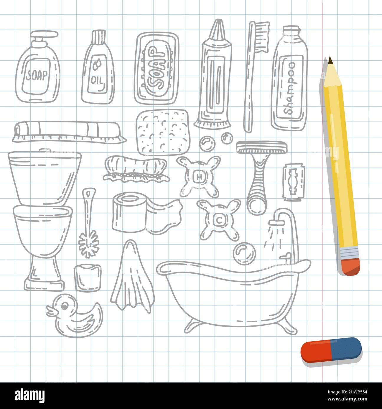 Bath doodle vector illustration. Hand draw set of home bathroom hygiene ...