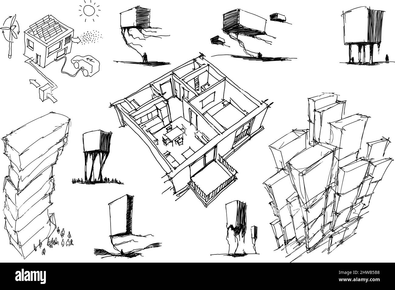 many hand drawn architectectural sketches of a modern abstract ...