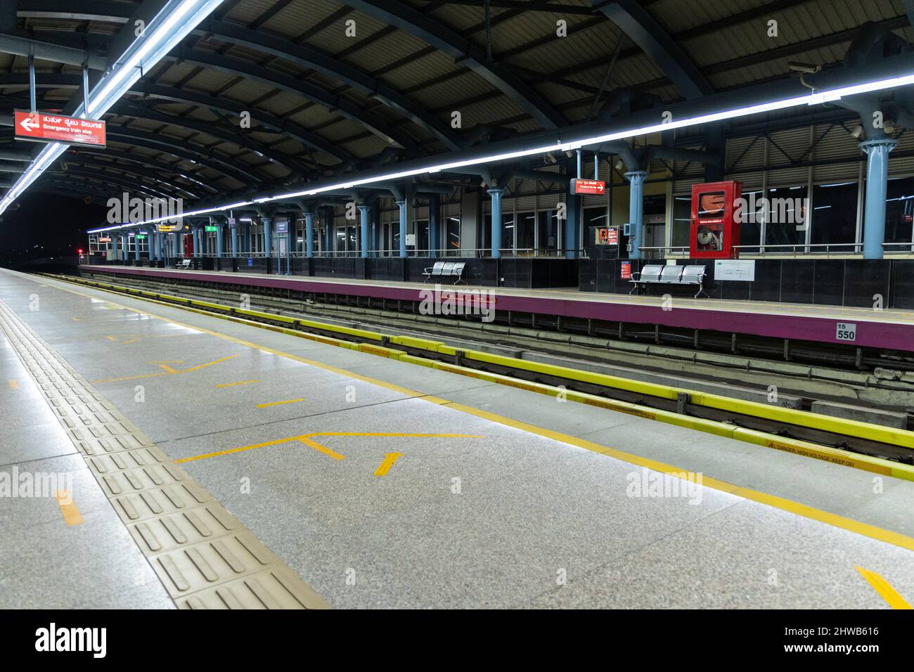 Deserted platform of Indiranagar metro station during the night at ...
