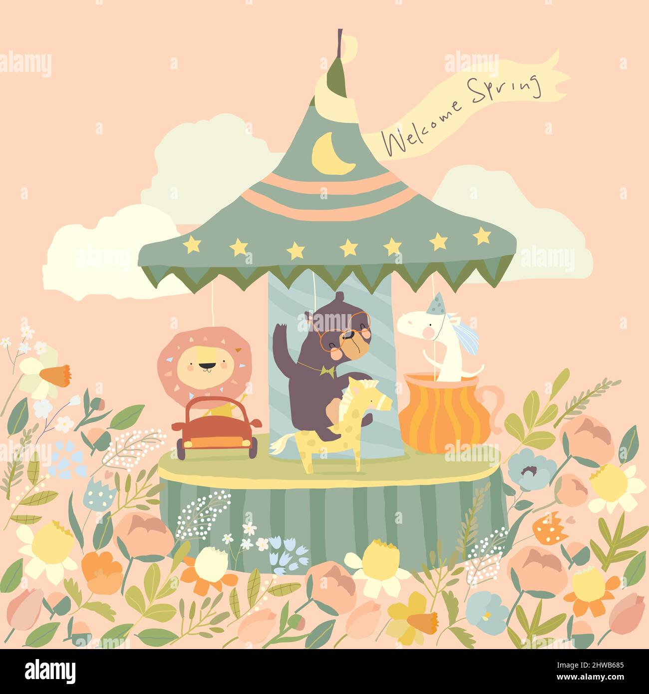 Cute Cartoon Animals on a Merry go Round in a Flower Meadow Stock ...