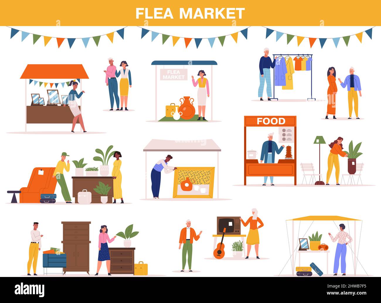 Flea market fair event, street fair, garage bazaar scene. Second hand ...