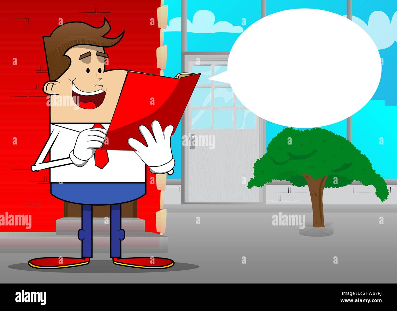 Simple retro cartoon of a businessman reading a red book. Professional ...