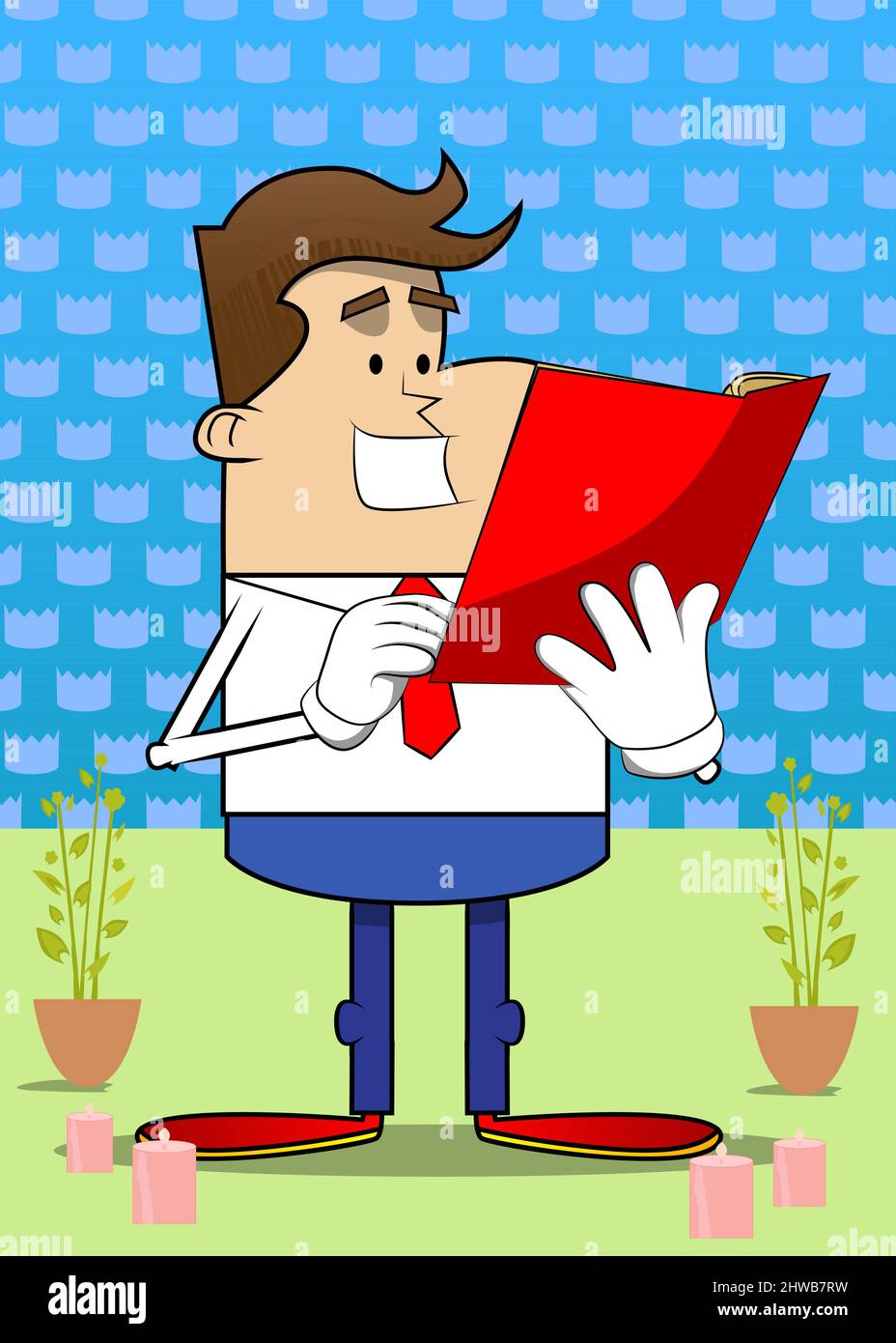 Simple retro cartoon of a businessman reading a red book. Professional ...