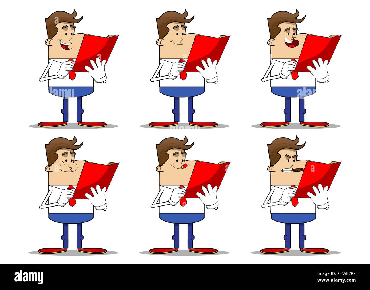 Simple retro cartoon of a businessman reading a red book. Professional ...
