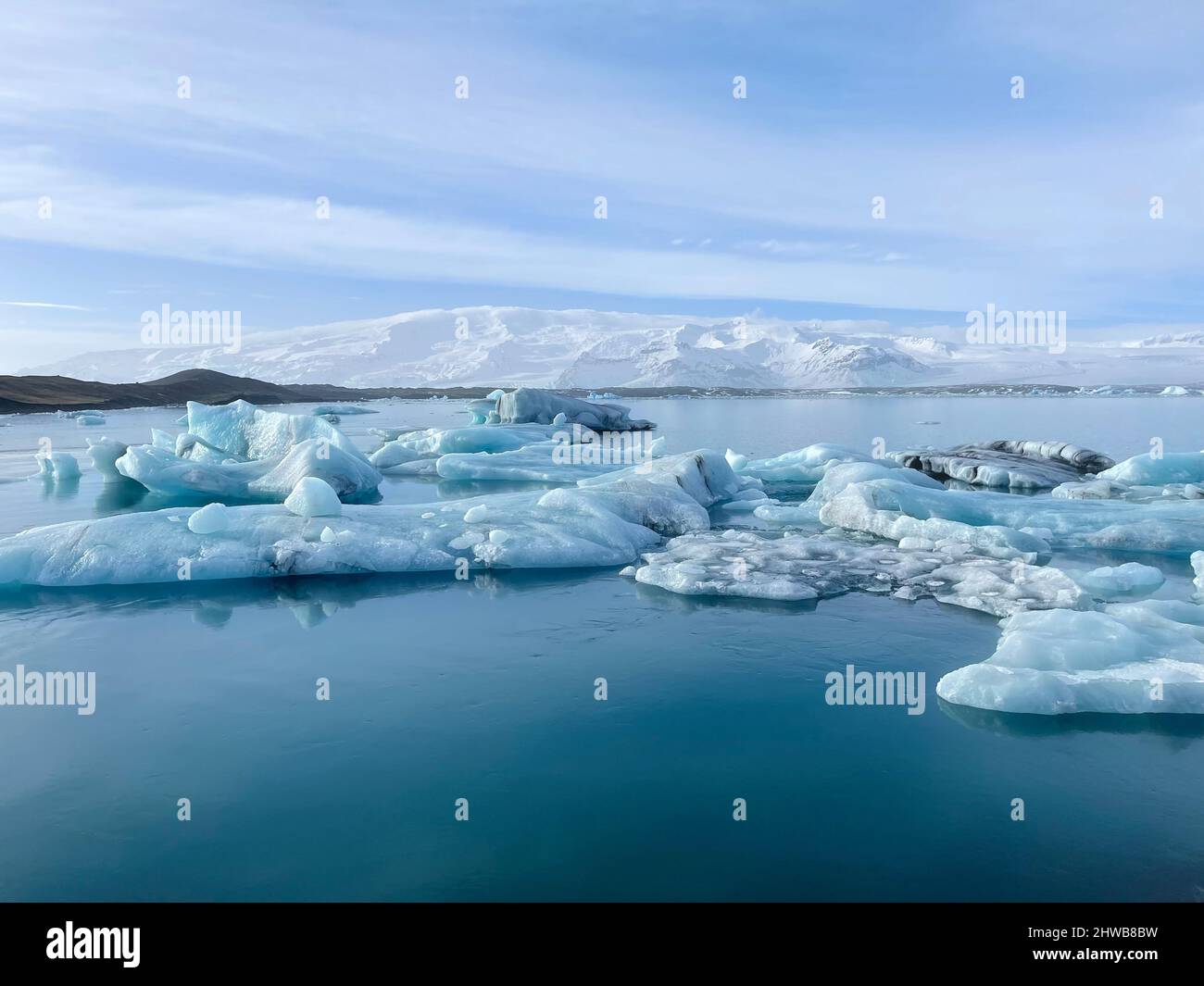 Icy coastal landscape in Iceland, full of big pieces of ice on the ...