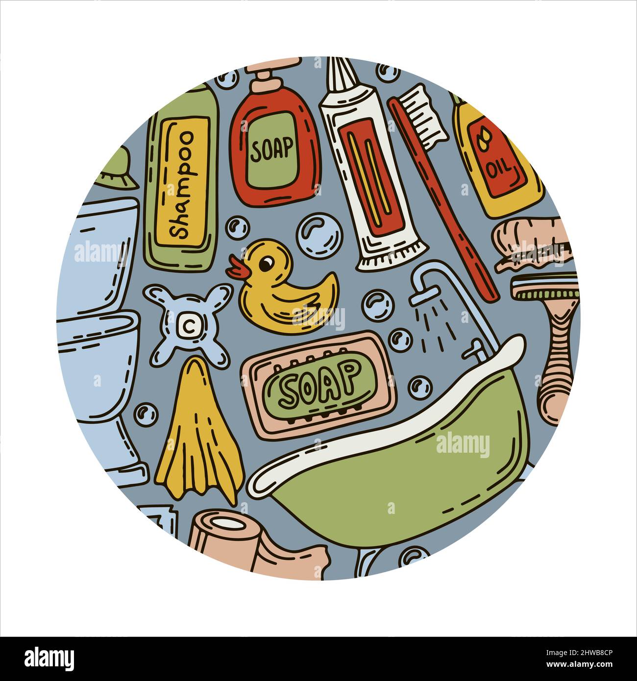 Bath doodle vector illustration. Hand draw banners of home bathroom ...