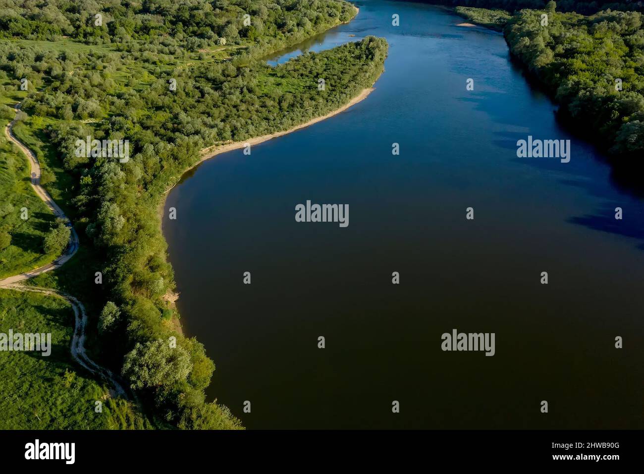 Stunning top view of the sinuous Dniester River. Summer landscape of ...