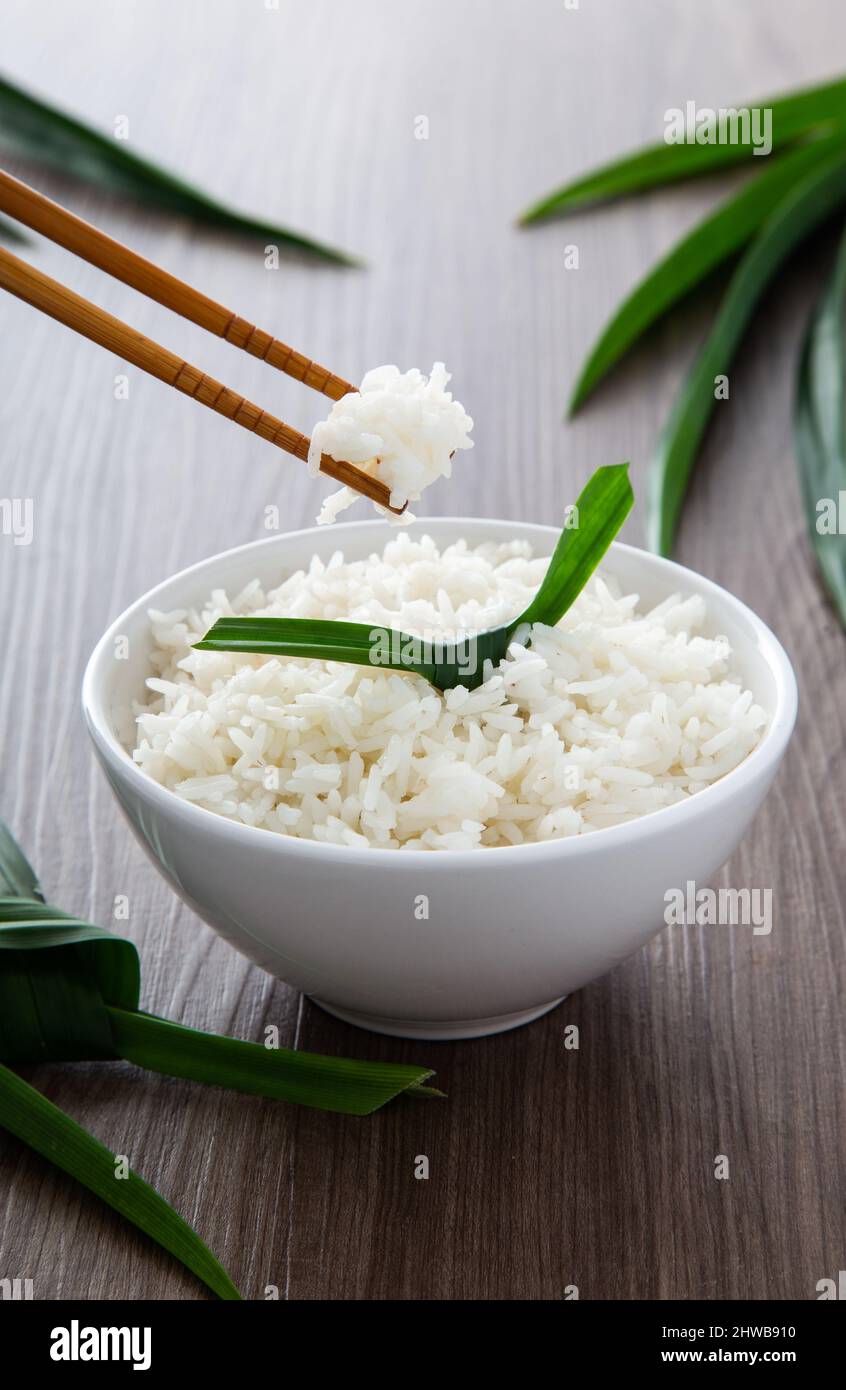 cooked rice with Aromatic Pandan on wooden background Stock Photo - Alamy