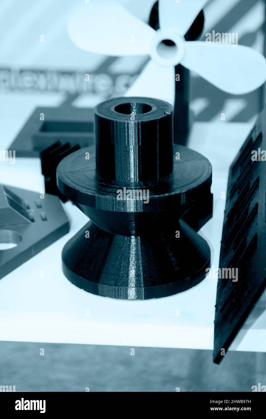 Objects printed on 3D printer from plastic close-up. New 3D printing ...