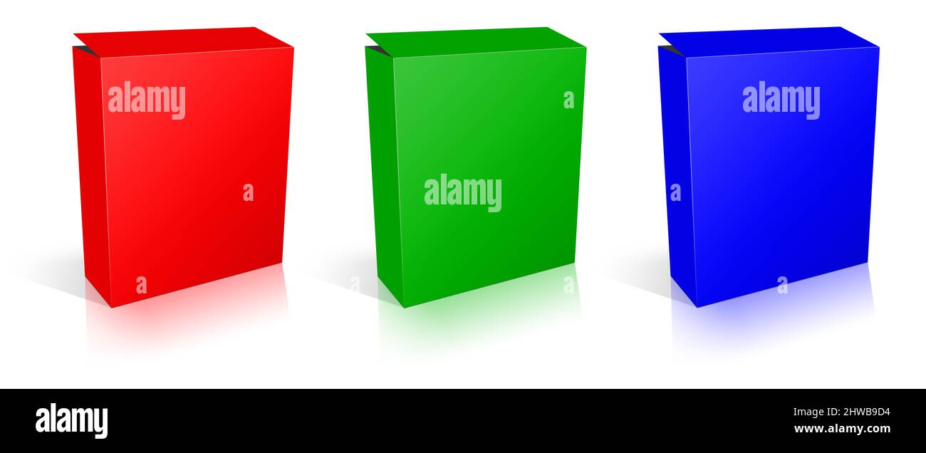 Three RGB Software Boxes blank template red, green and blue for ...