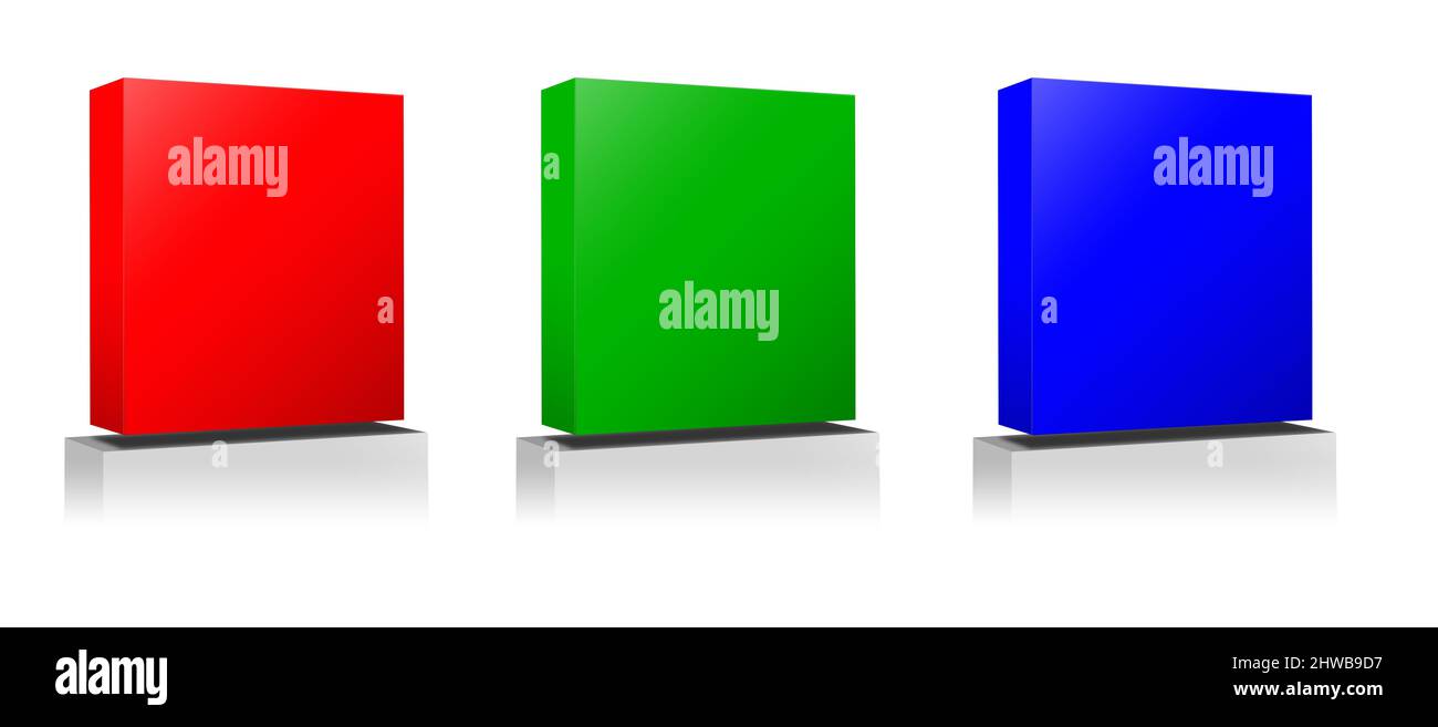 Three RGB Software Boxes blank template red, green and blue for ...