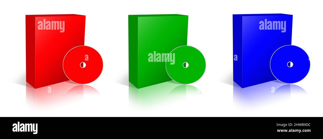 Three RGB Software Boxes blank template red, green and blue for ...
