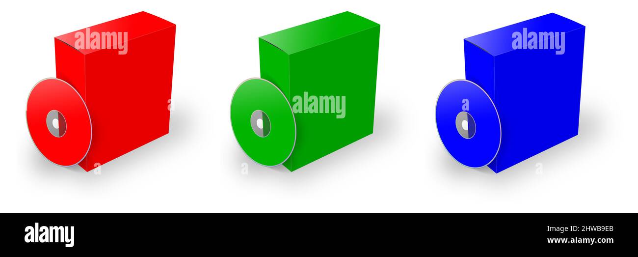 Three RGB Software Boxes blank template red, green and blue for ...