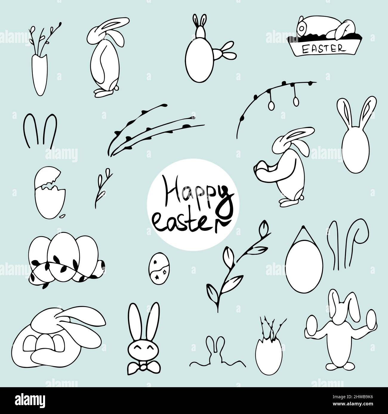 Happy Easter hand drawn vector doodles rabbit, eggs and plant Stock Vector Image & Art - Alamy