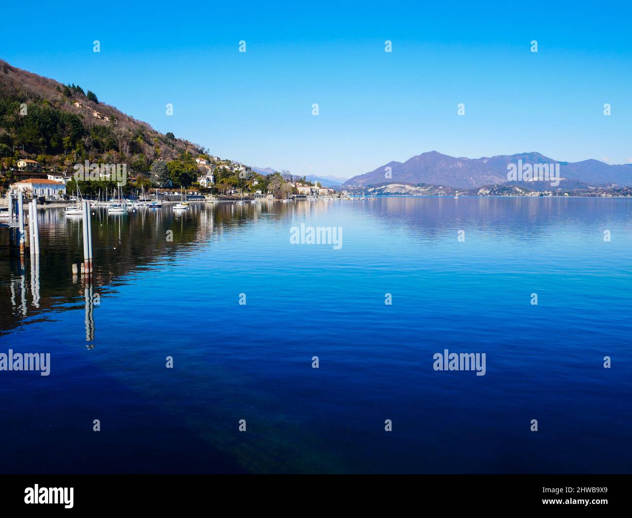 The beautiful city of Lesa on the shores of Lake Maggore in Piedmont ...