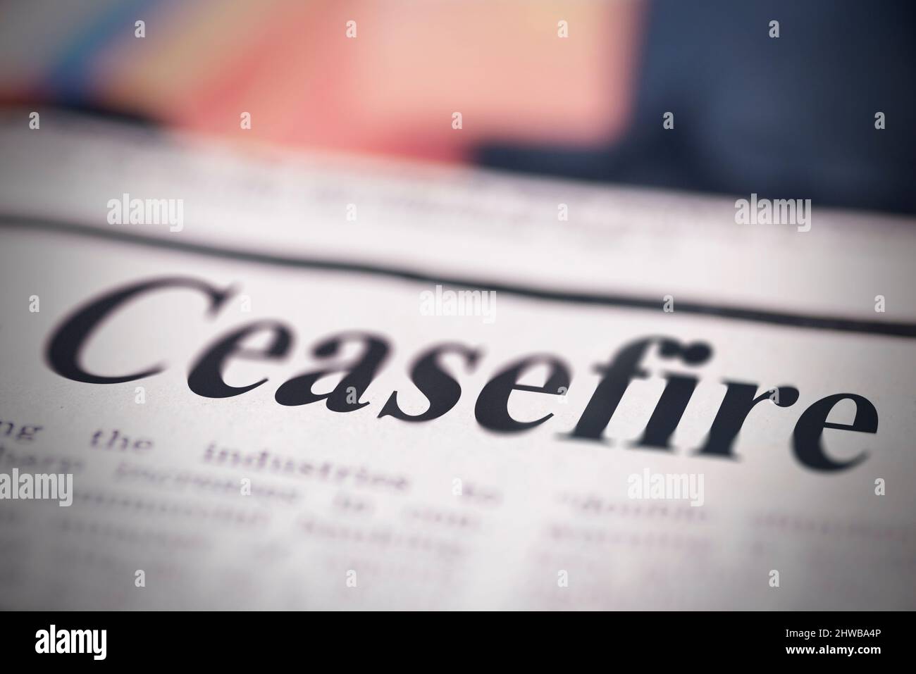 Photograph of Ceasefire written newspaper close up shot to the text ...