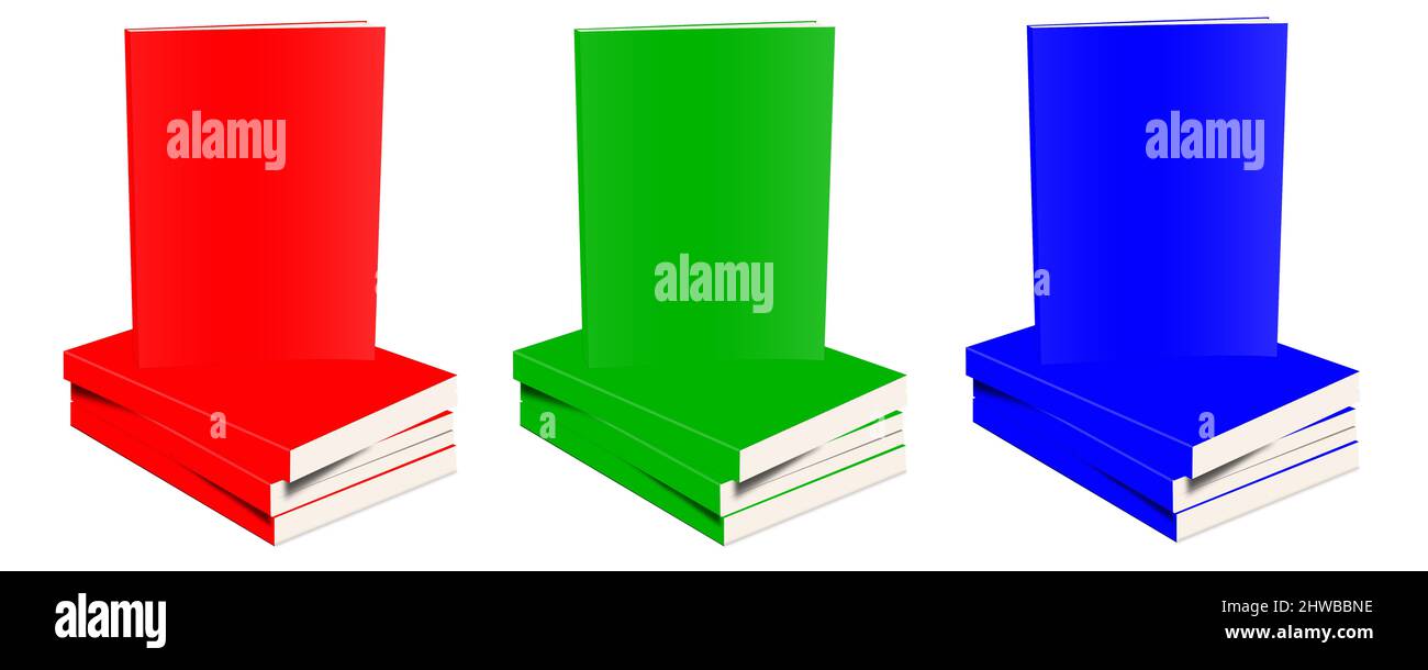Three RGB Paperback books blank template red, green and blue for ...