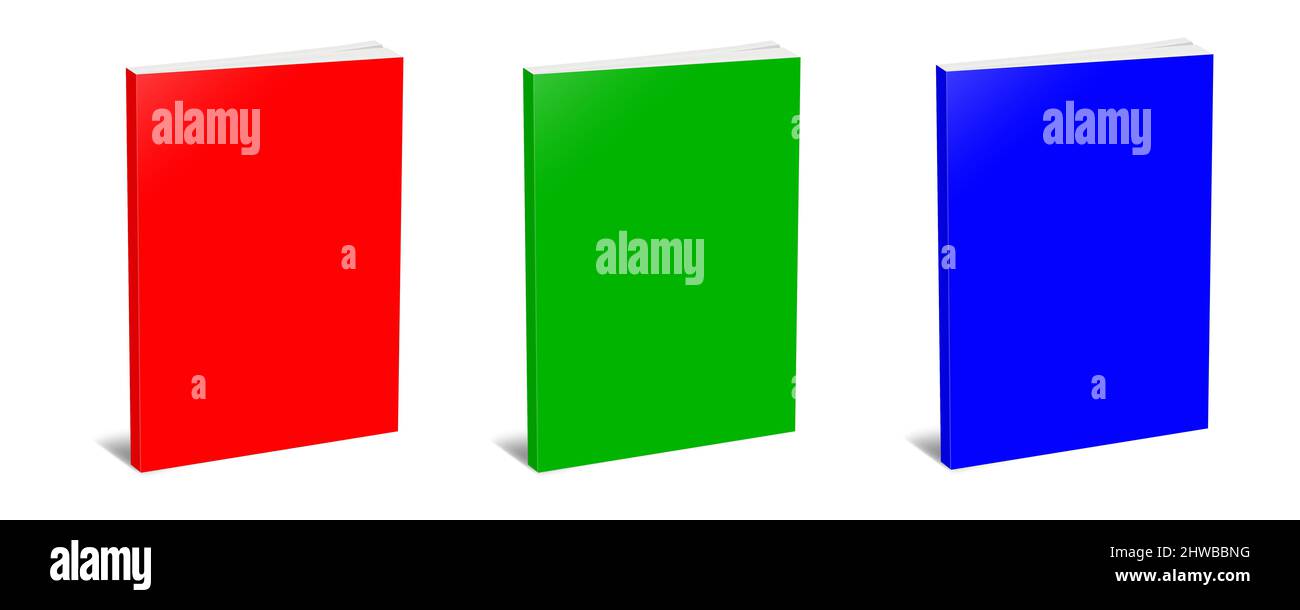 Three RGB Paperback books blank template red, green and blue for ...