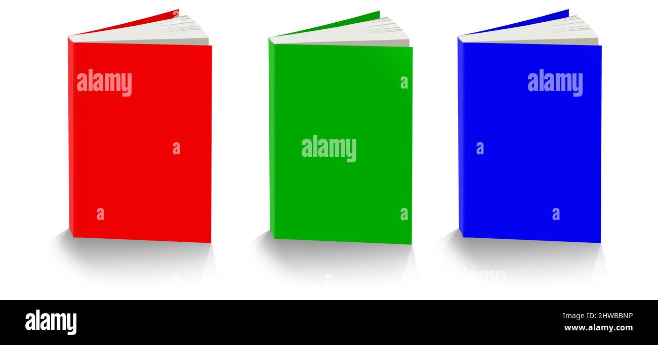 Three RGB Paperback books blank template red, green and blue for ...