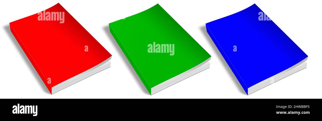 Three RGB Paperback books blank template red, green and blue for ...