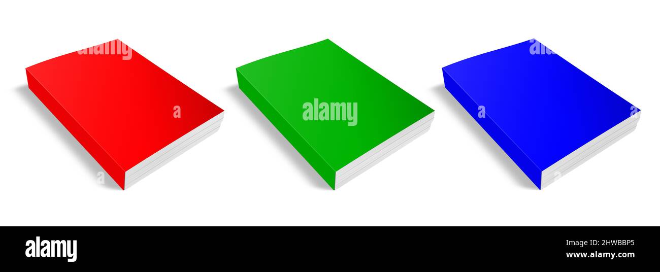 Three RGB Paperback books blank template red, green and blue for ...