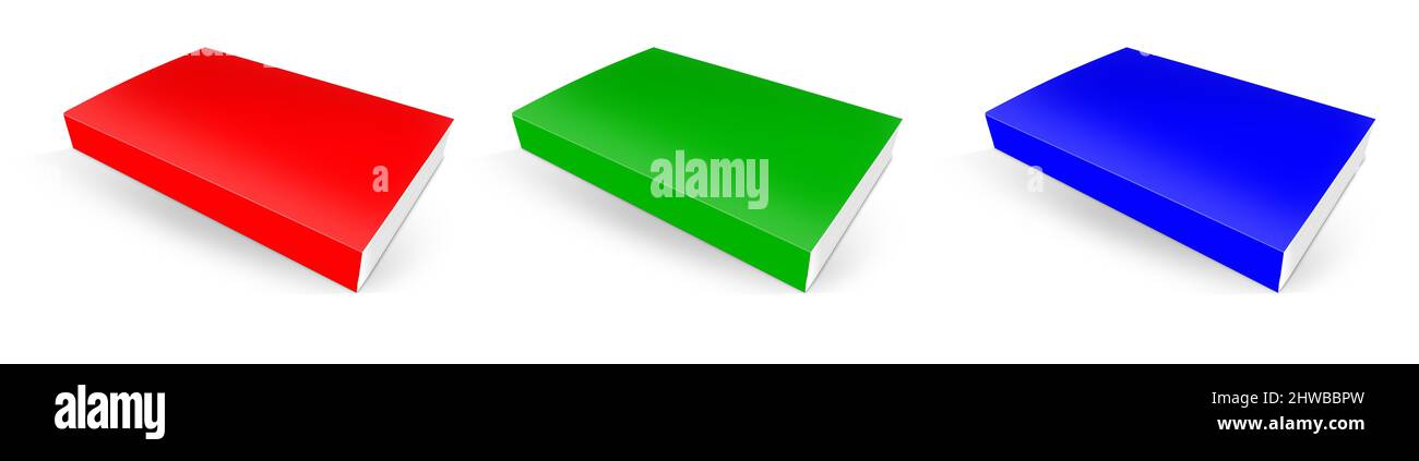 Three RGB Paperback books blank template red, green and blue for ...