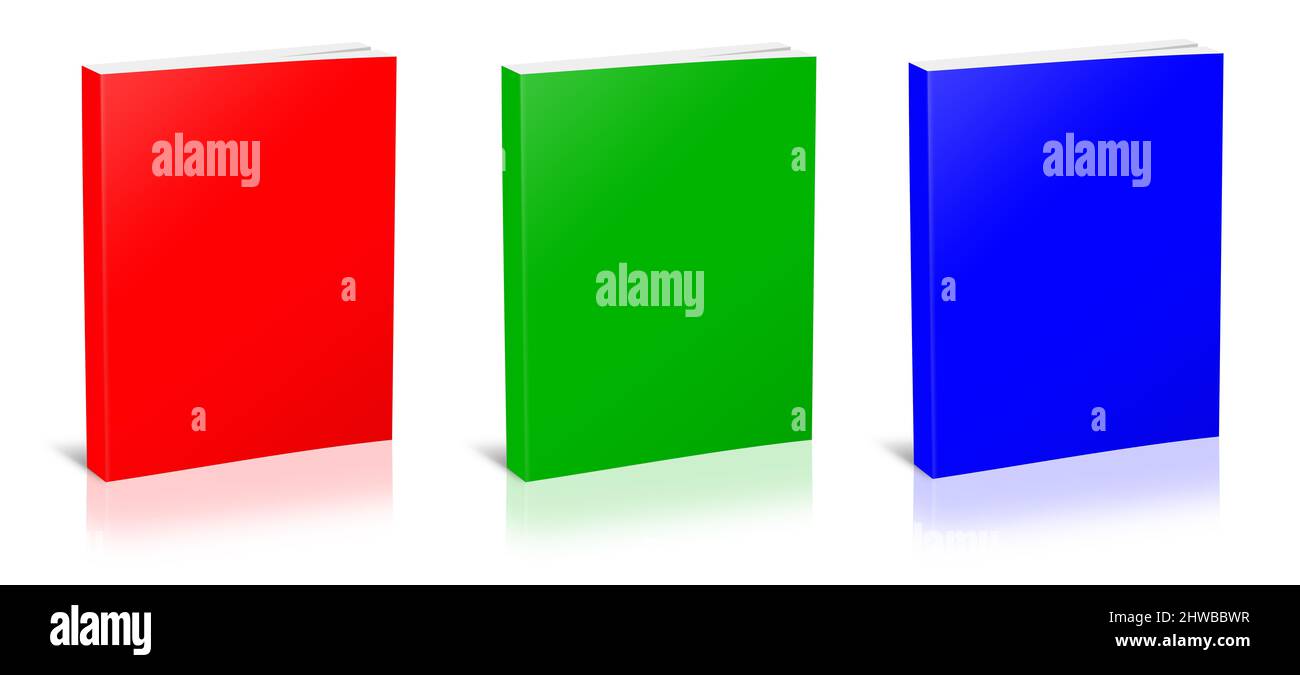 Three RGB Paperback books blank template red, green and blue for ...