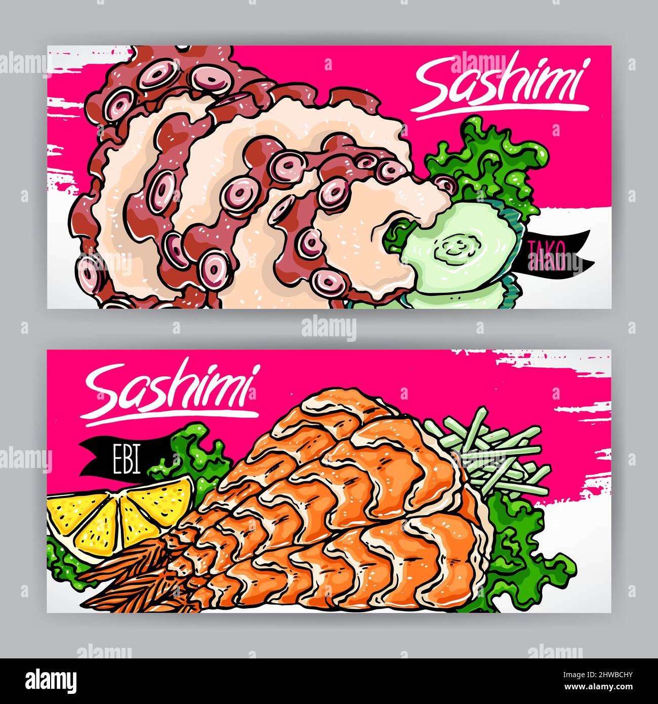Two banners with different kinds of sashimi. shrimp and octopus. hand ...