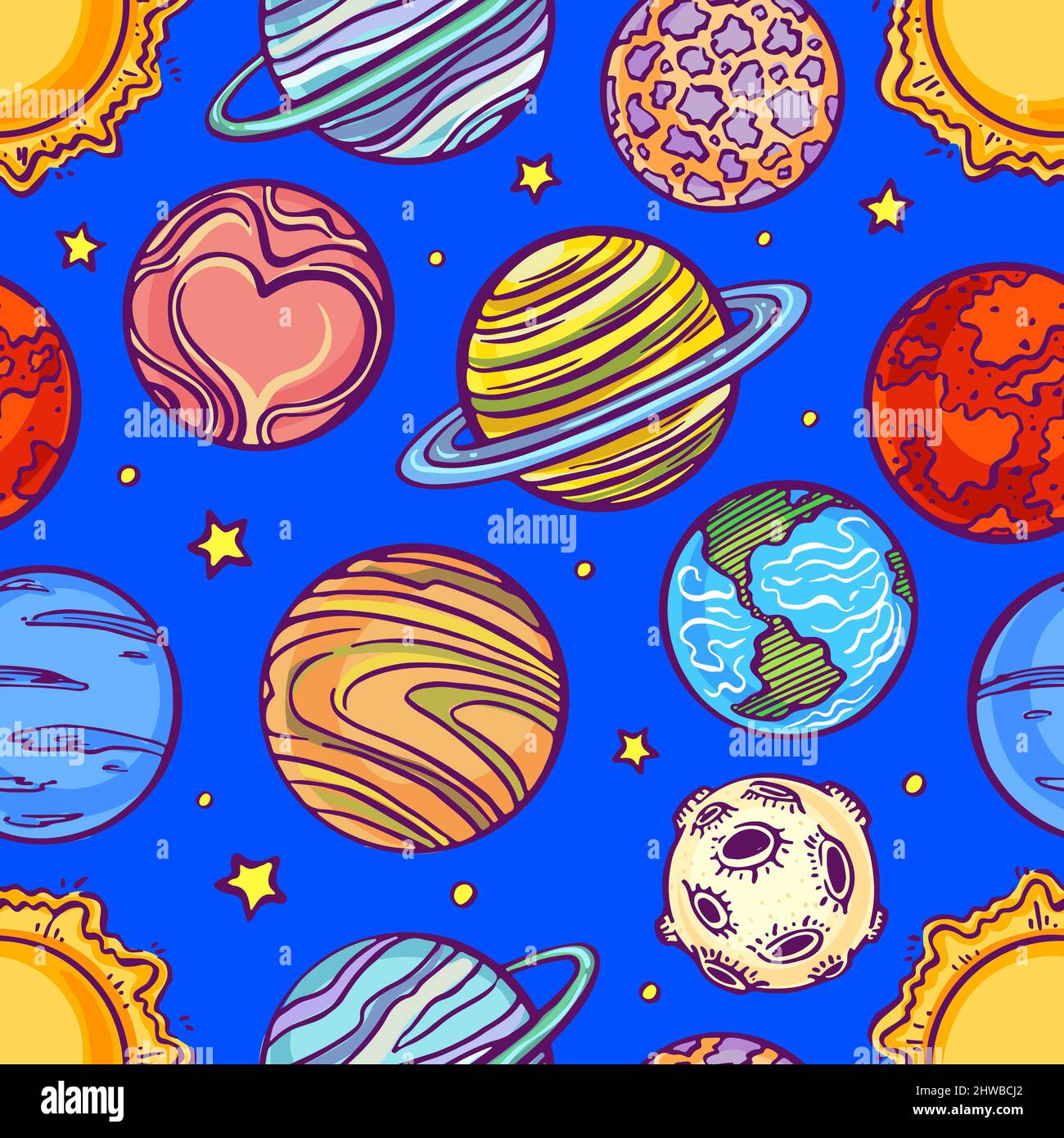 beautiful seamless pattern with planets of the solar system. hand-drawn ...