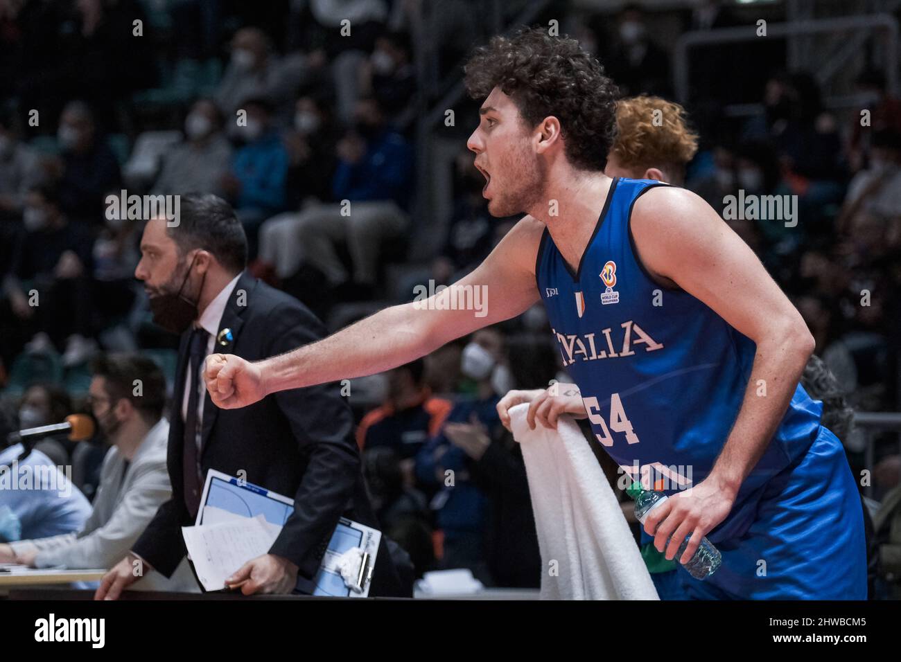 Bologna, Italy. 27th Feb, 2022. Alessandro Pajola (Italy) exults at the ...
