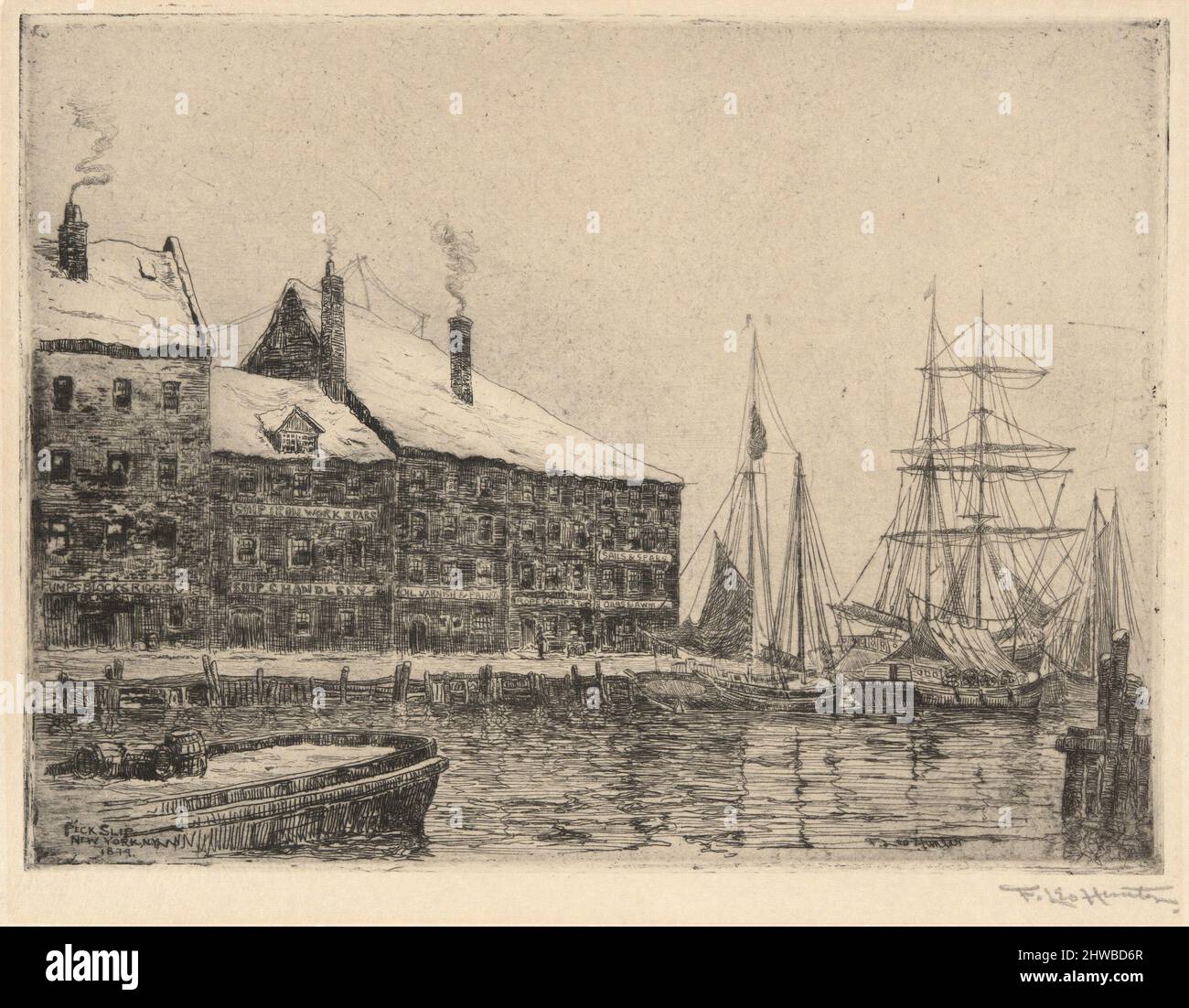 Peck Slip, New York, NY, 1879. Artist: Frederick Leo Hunter, American ...