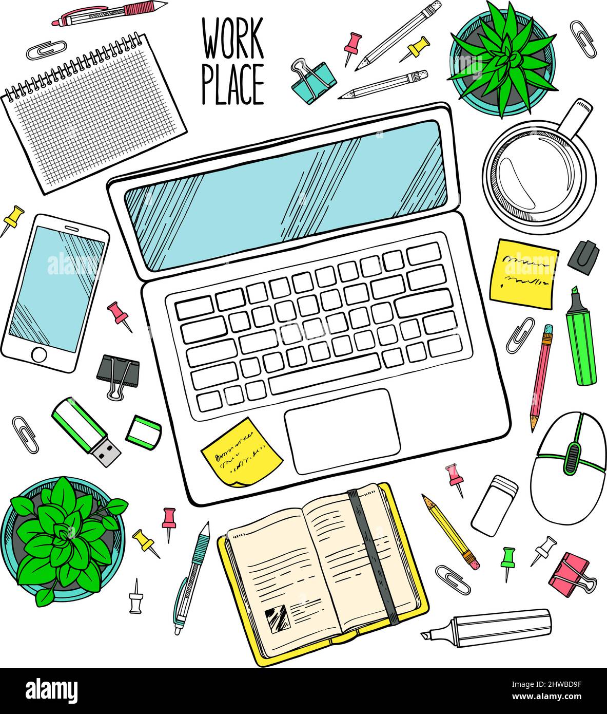 Hand drawn illustration of workplace top view with work elements Stock ...